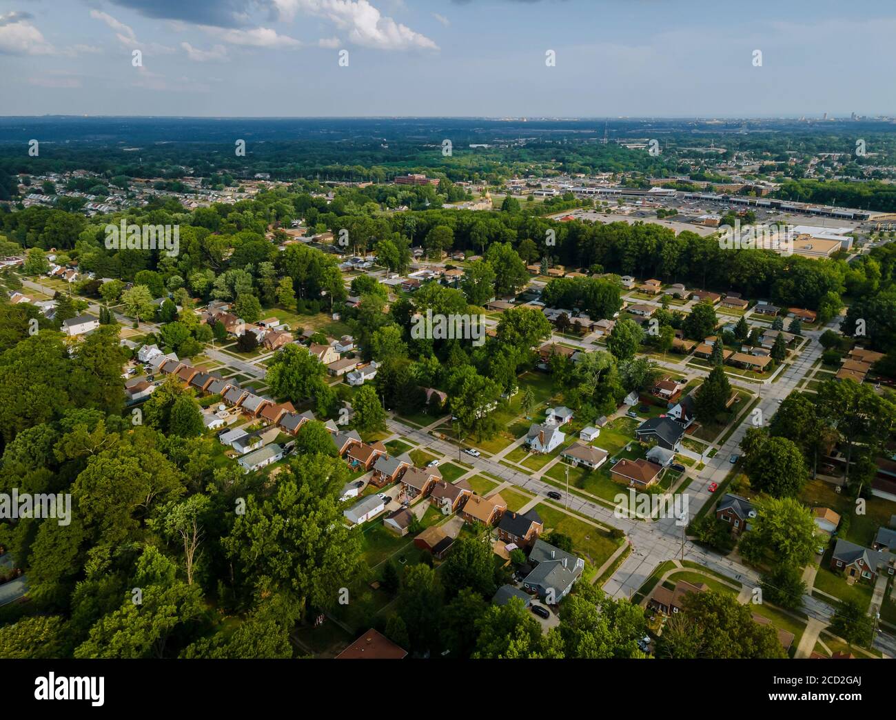 Panoramic view of a neighborhood in roofs of houses of residential area ...
