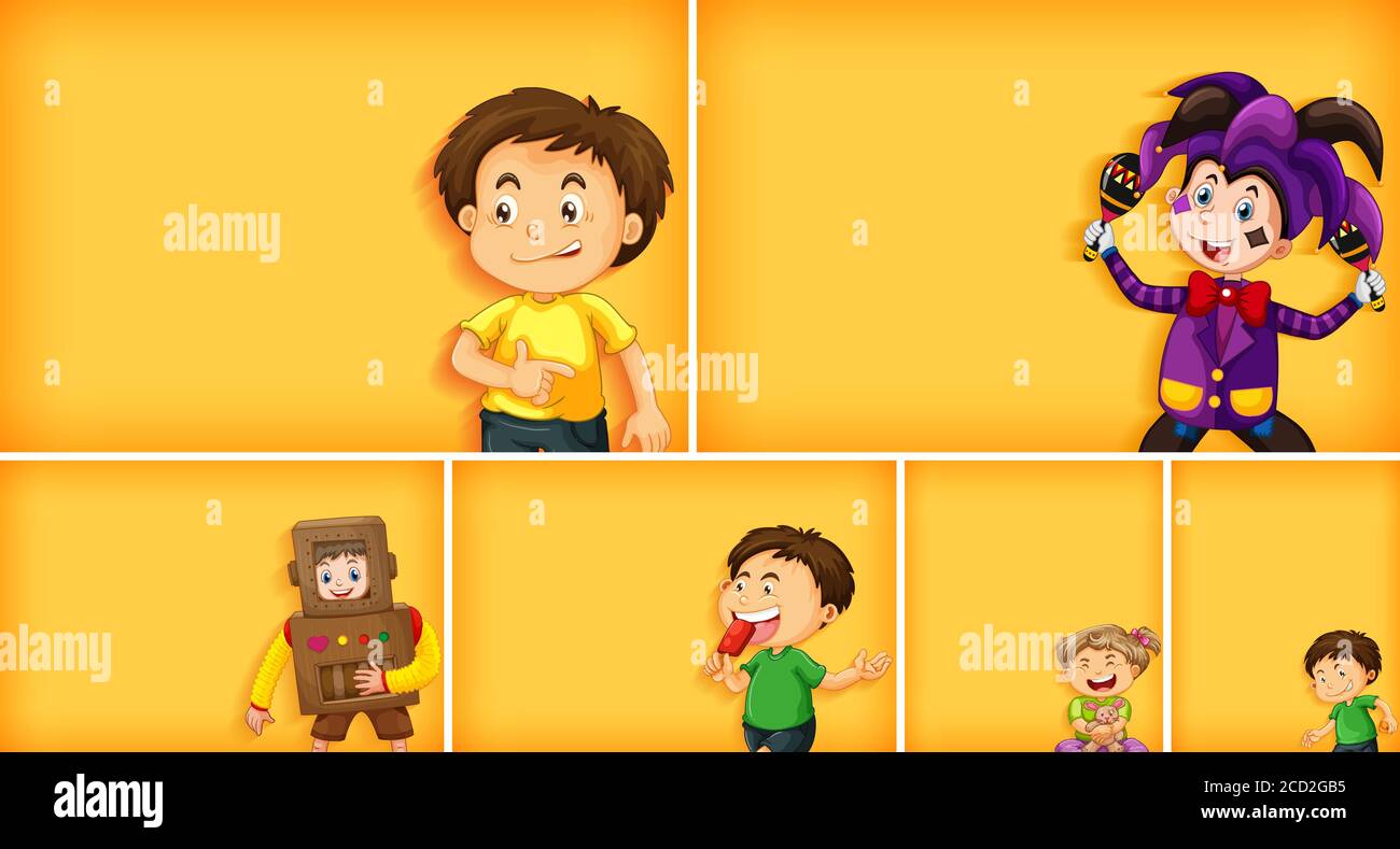 Set of different kid characters on yellow color background illustration ...
