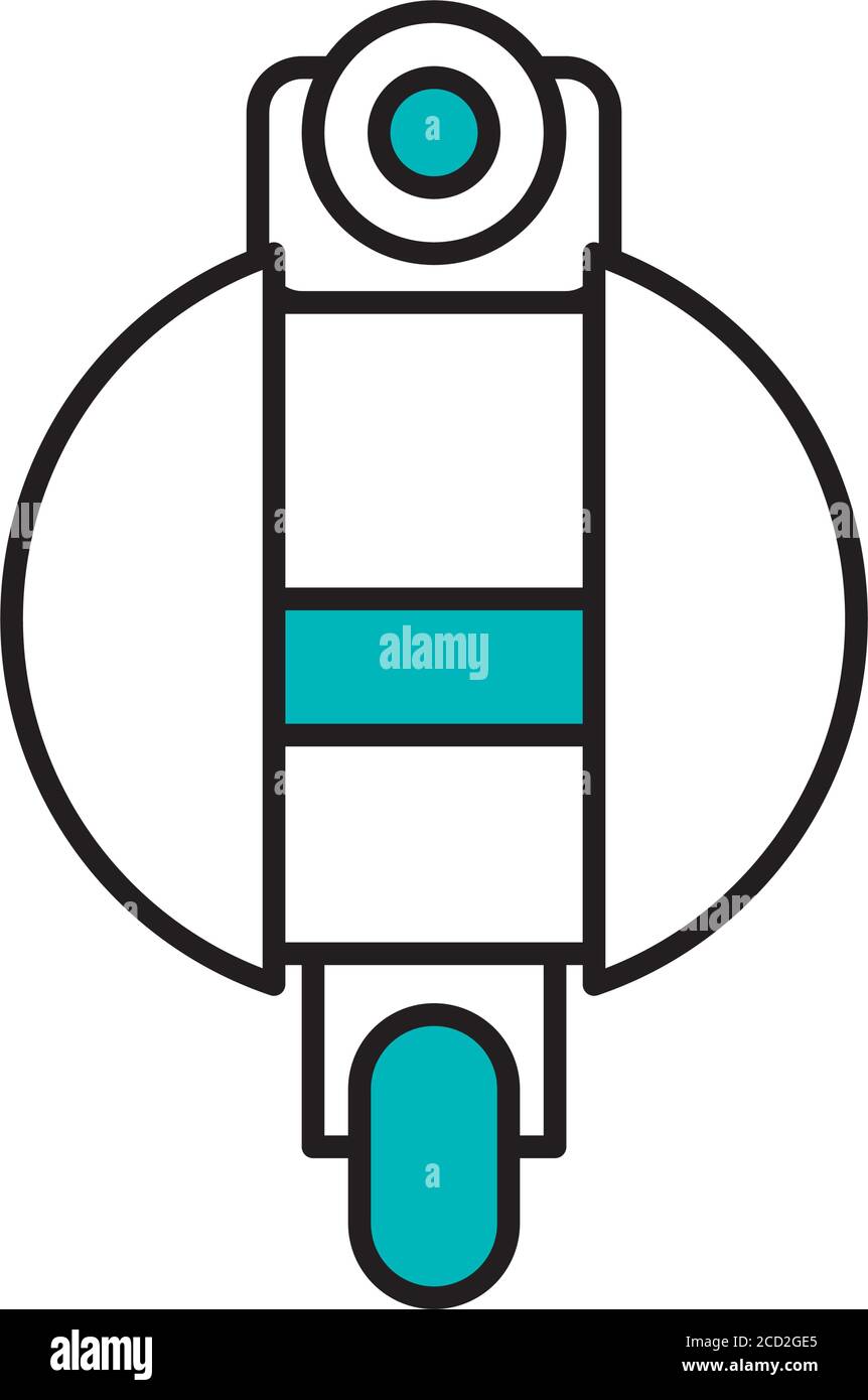 simple robot with one wheel over white background, half line half color ...