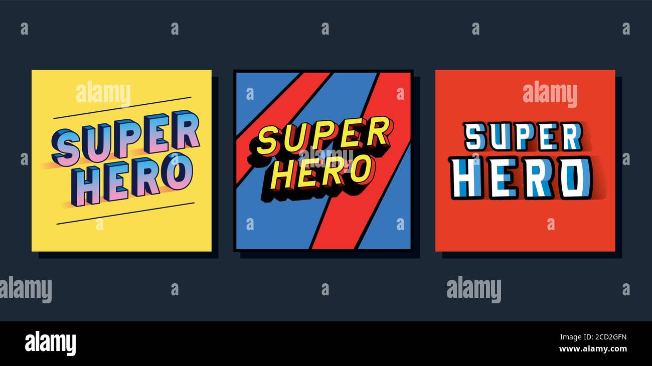 3d super hero lettering set on colored backgrounds design, typography ...