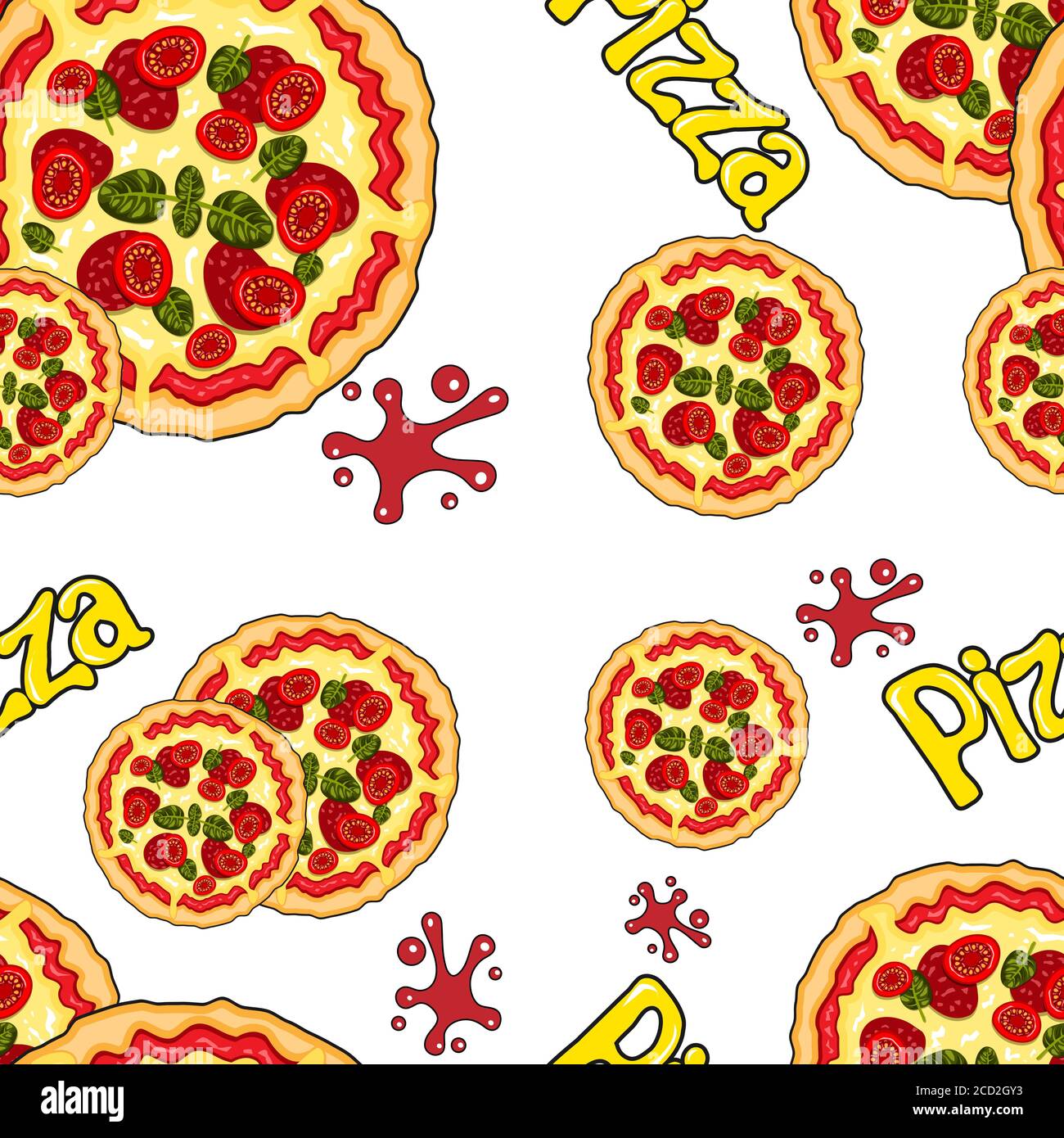 seamless pattern of pizza cartoon letters on a white background. Vector ...