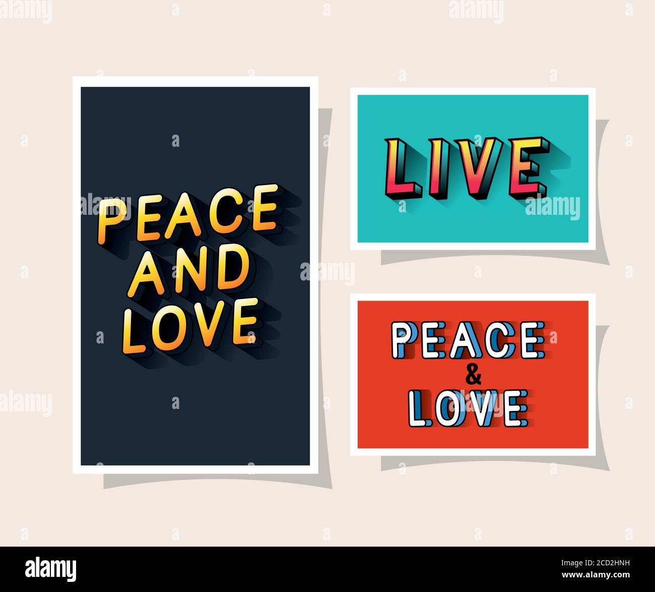 3d peace and love and live lettering on gray blue and red backgrounds ...