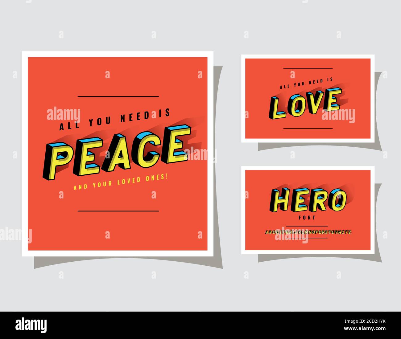 3d peace love and hero lettering on red backgrounds design, typography ...