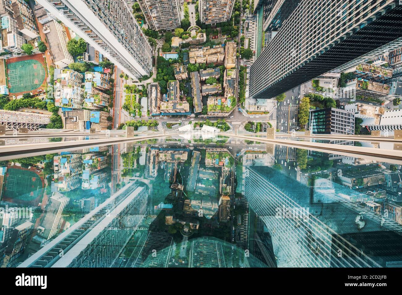 Chengdu high angle top view from a skyscraper rooftop with reflections ...