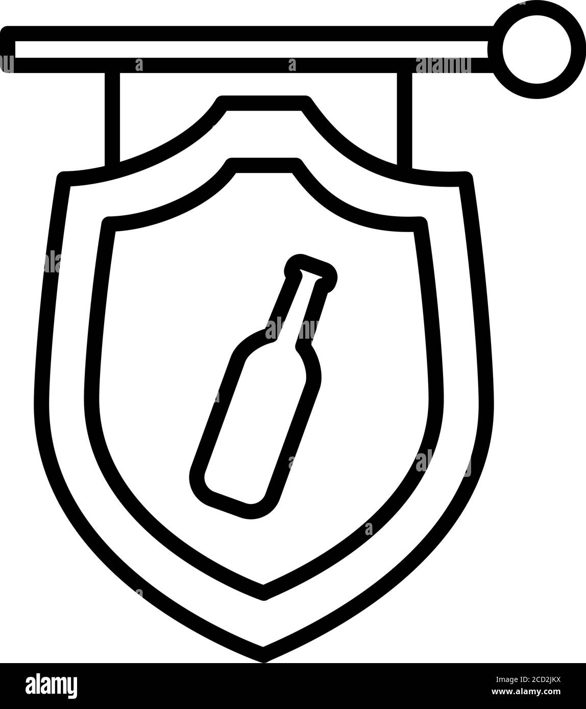 wooden shield pennant with beer bottle icon over white background, line ...