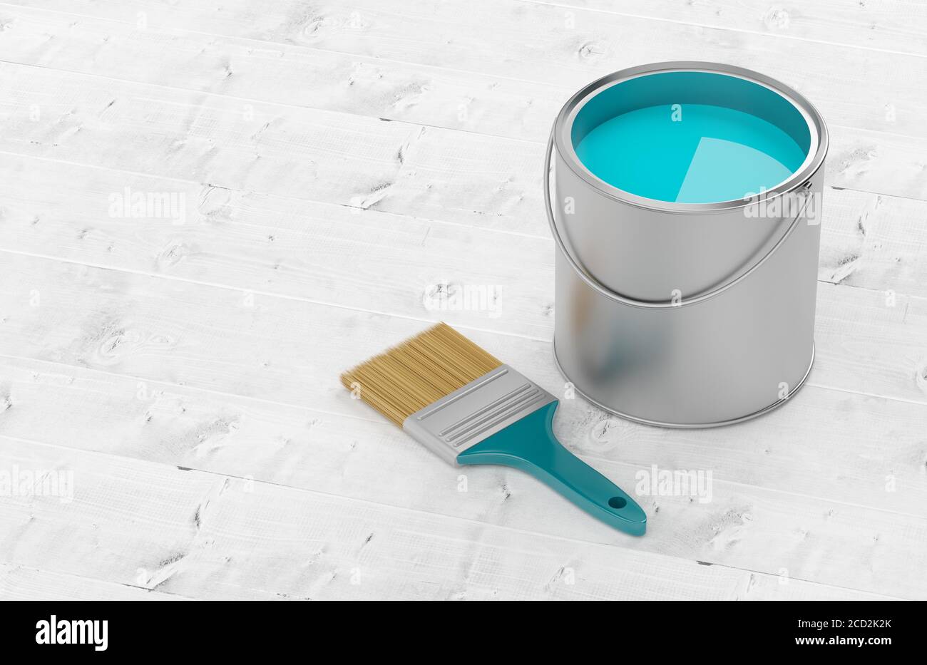 Paintbrush with silver paint bucket with cyan paint on white wooden ...