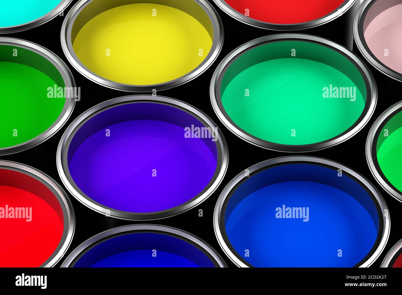 Group of multiple paint buckets filled with red, green, blue and yellow ...