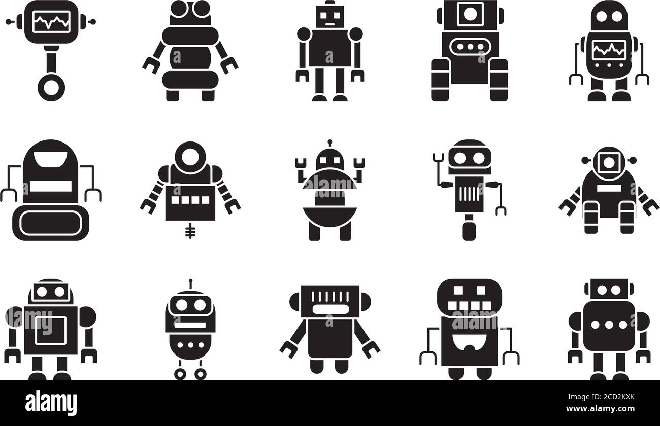 robotics and robots icon set over white background, silhouette style, vector illustration Stock ...