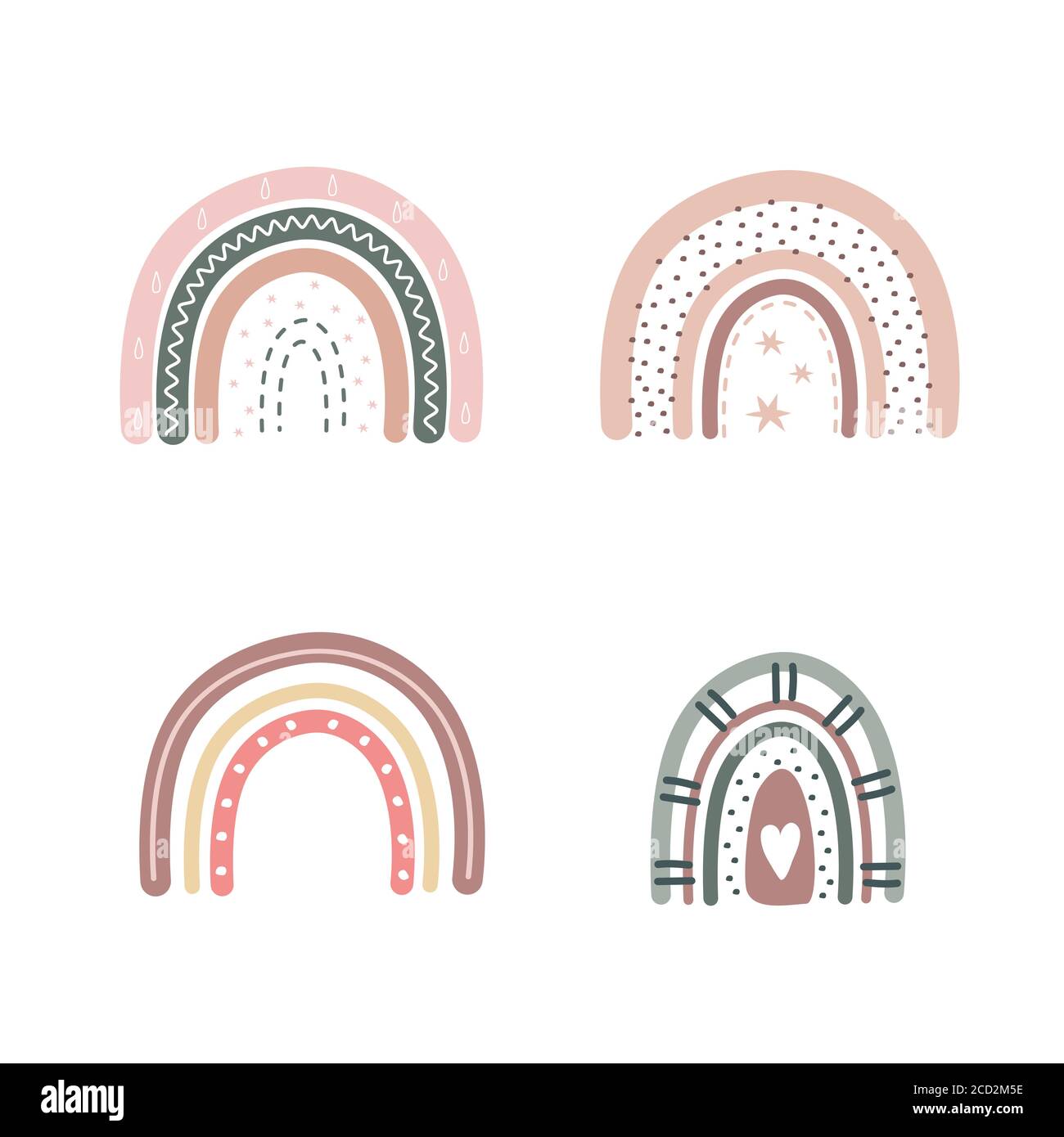 Trendy rainbows in boho style in different color. Rainbows with stars and hearts. Children ...