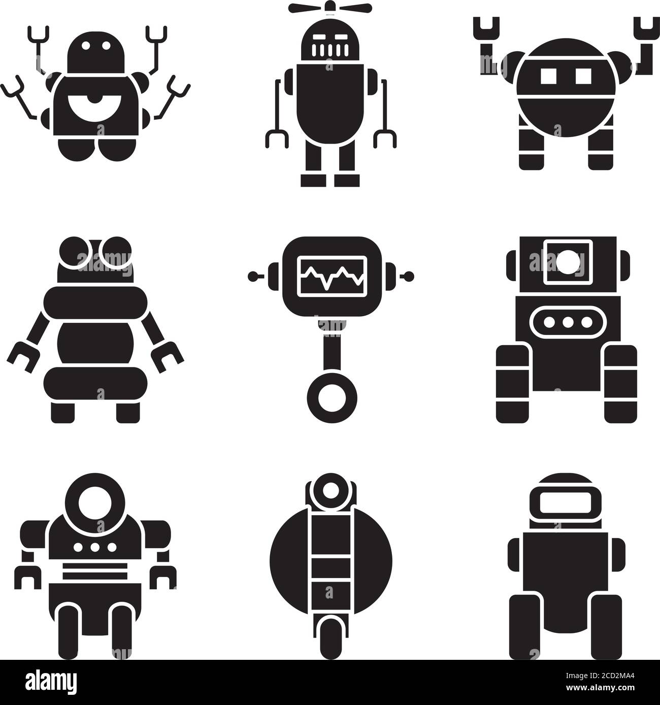 cartoon robots and robotics icon set over white background, silhouette ...