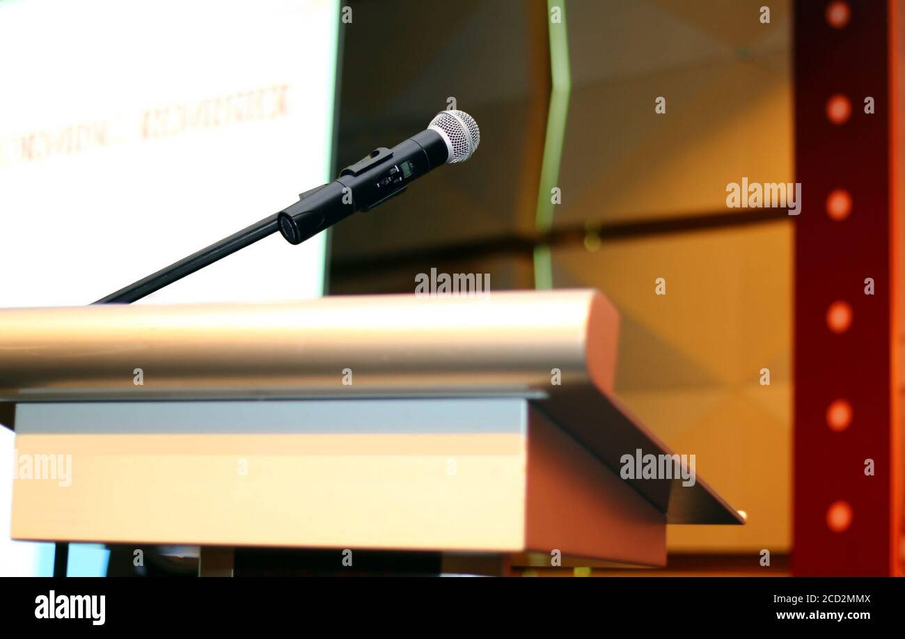 microphone with podium at seminar Stock Photo - Alamy