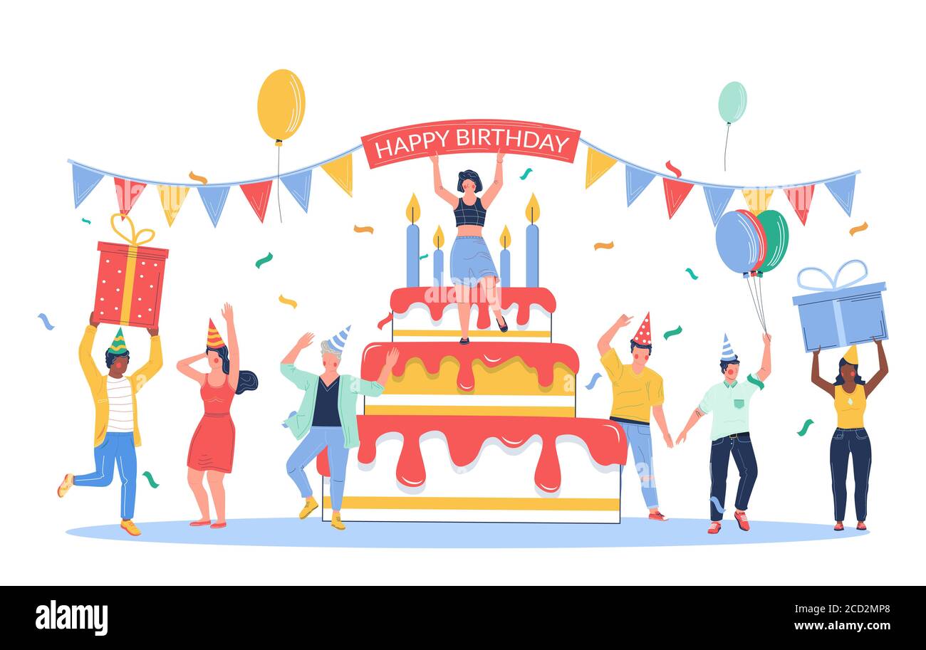 Group of business people celebrating happy birthday, vector flat ...