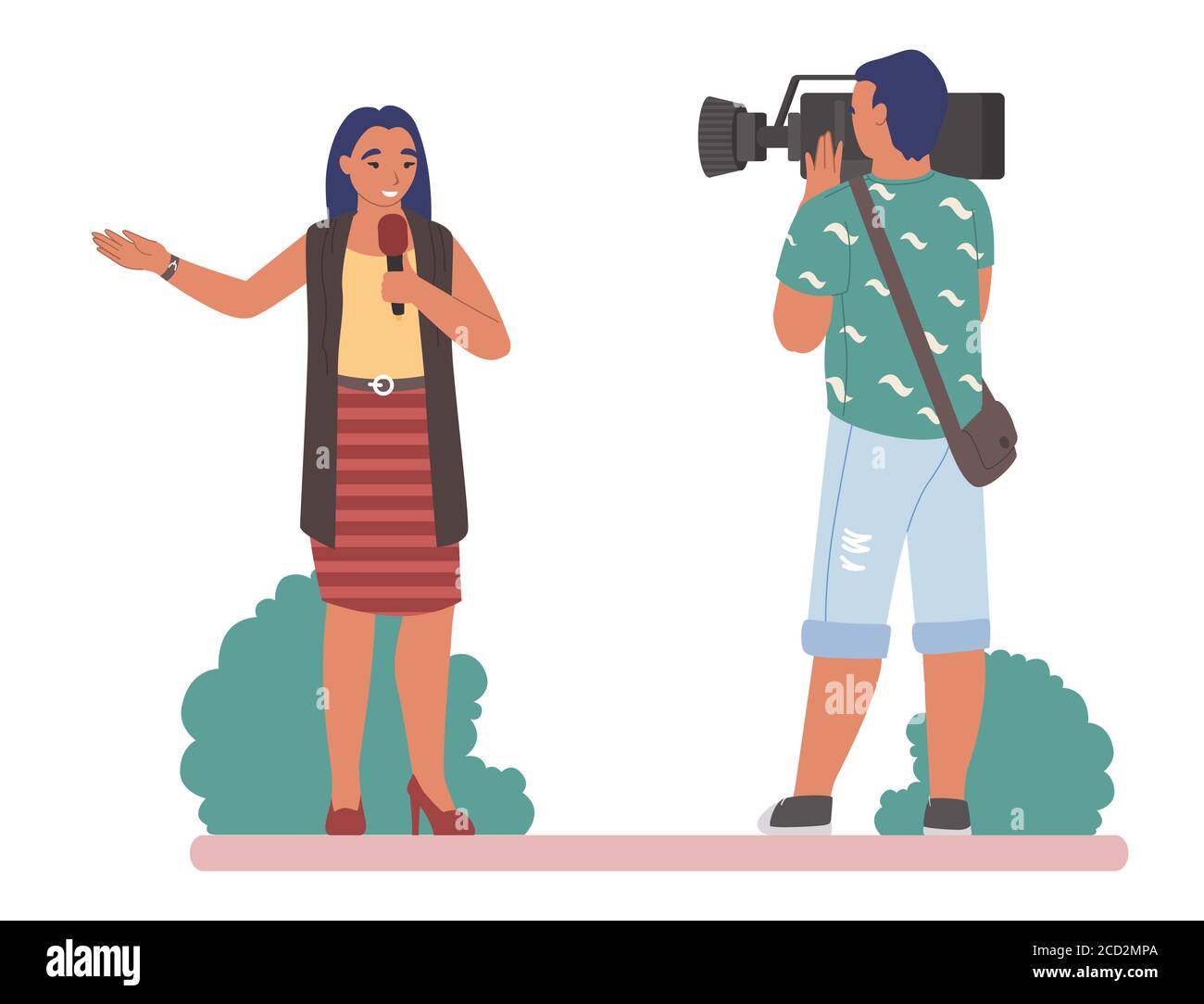 TV journalist or news reporter speaking with microphone before cameraman in the street, flat ...