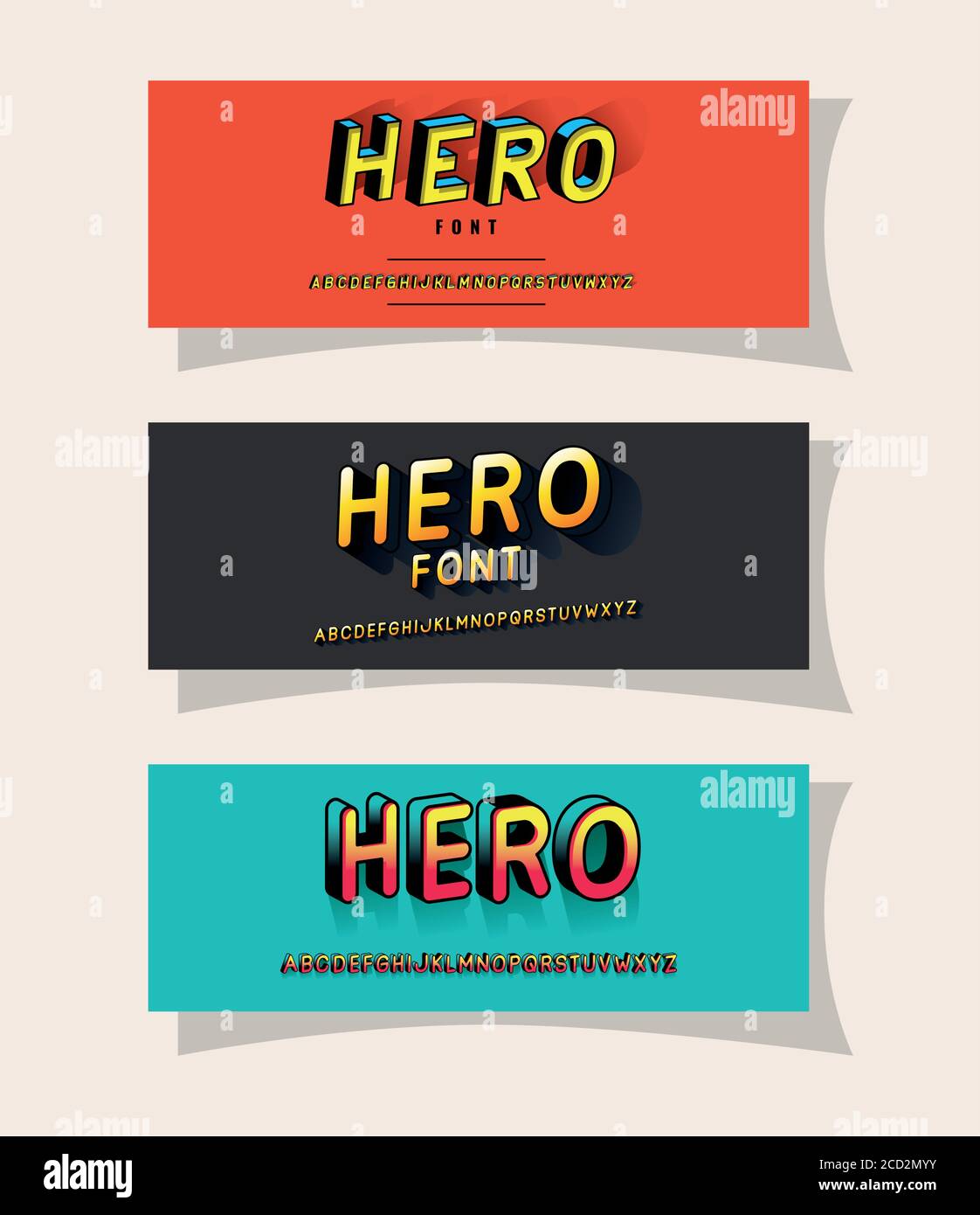 3d hero lettering set on red gray and blue backgrounds design ...