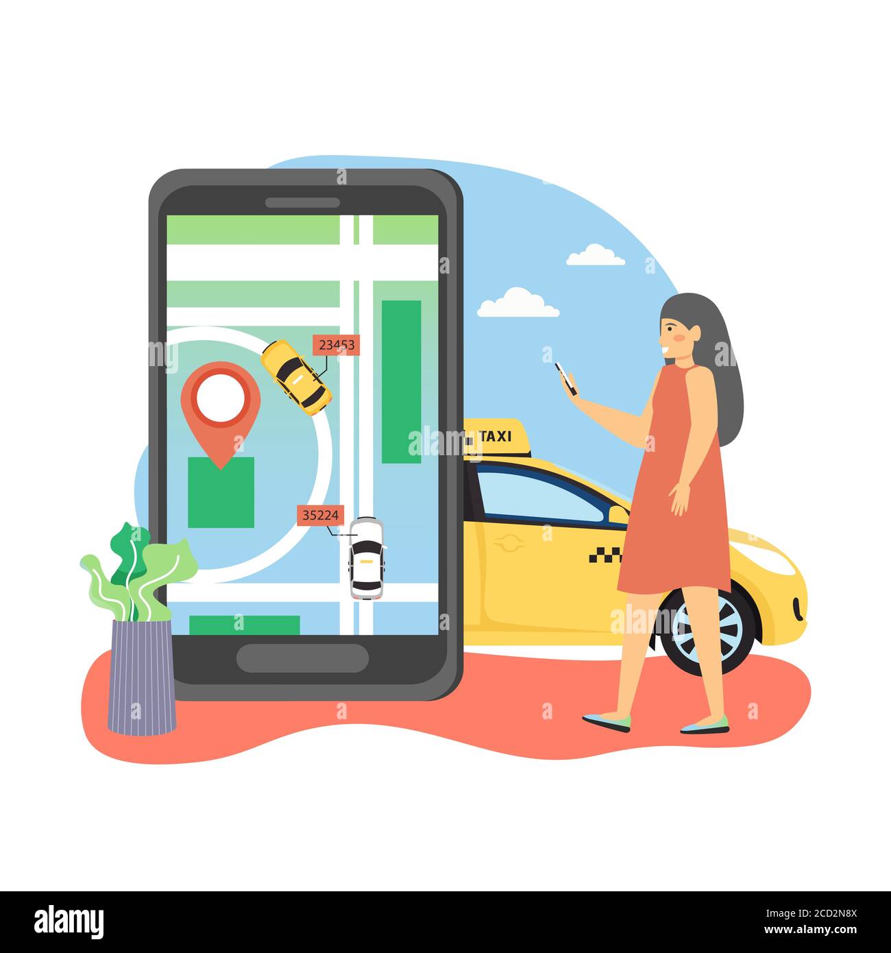 Woman ordering taxi online using navigation mobile app with taxi cab ...