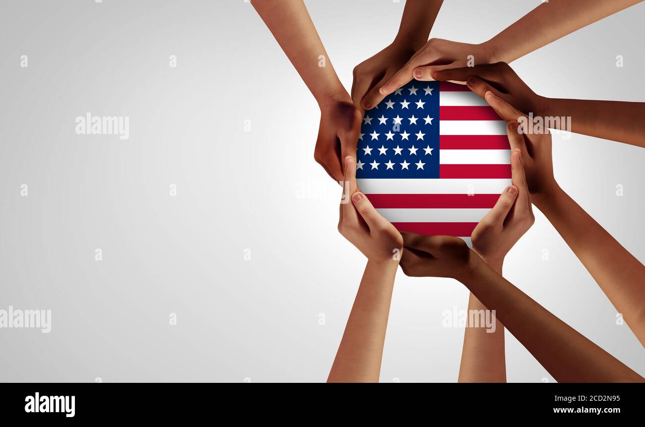 American Unity and diversity partnership as hands in a group of diverse ...