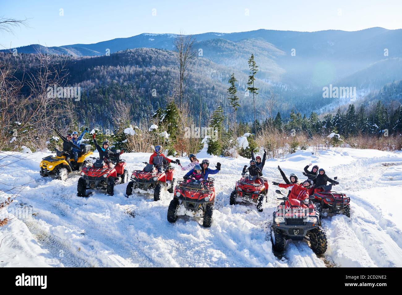 Yaremche, Ukraine - February 02, 2020: Happy travelers raising hands ...