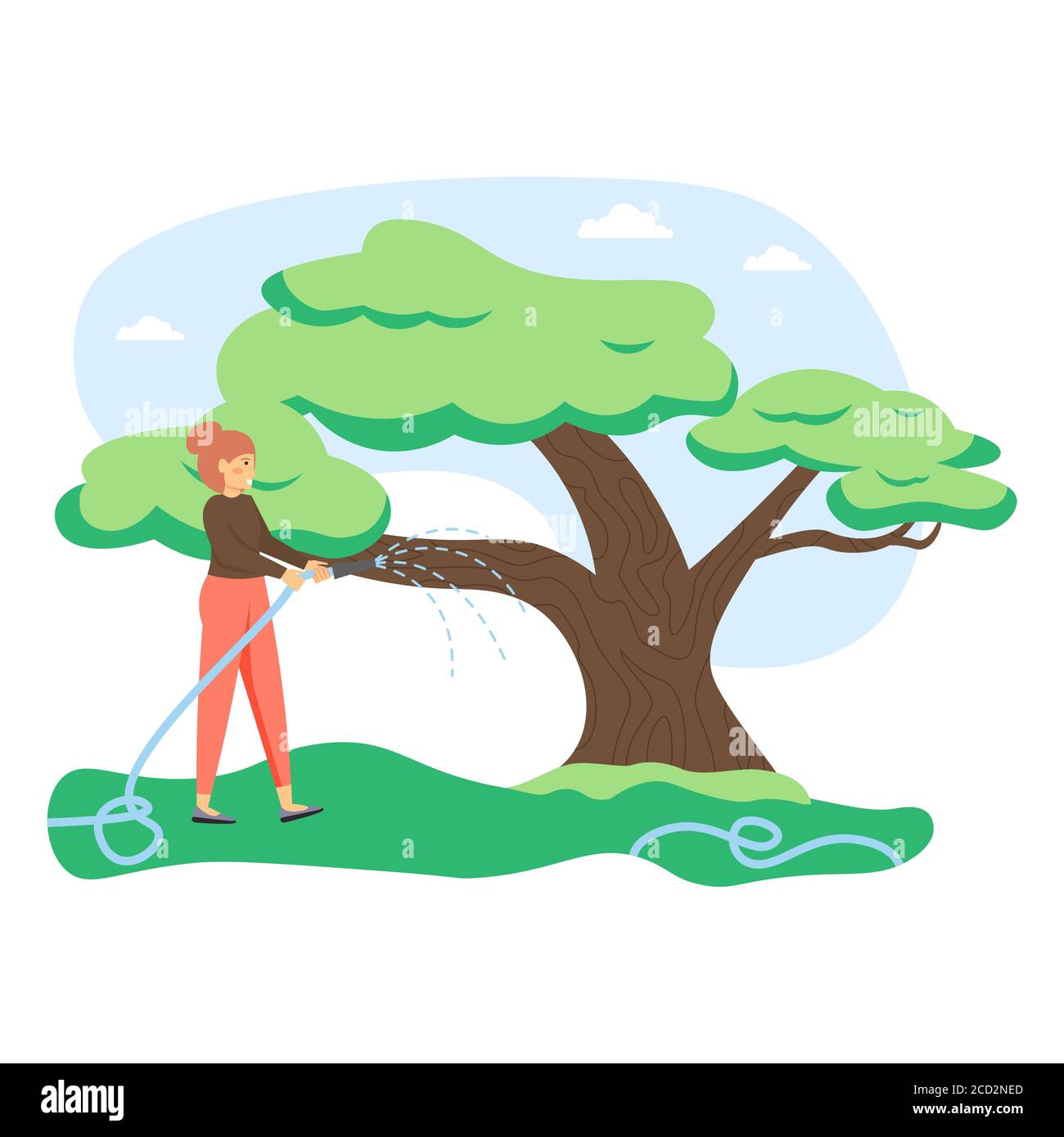 Young woman, gardener watering tree with water hose, flat vector ...