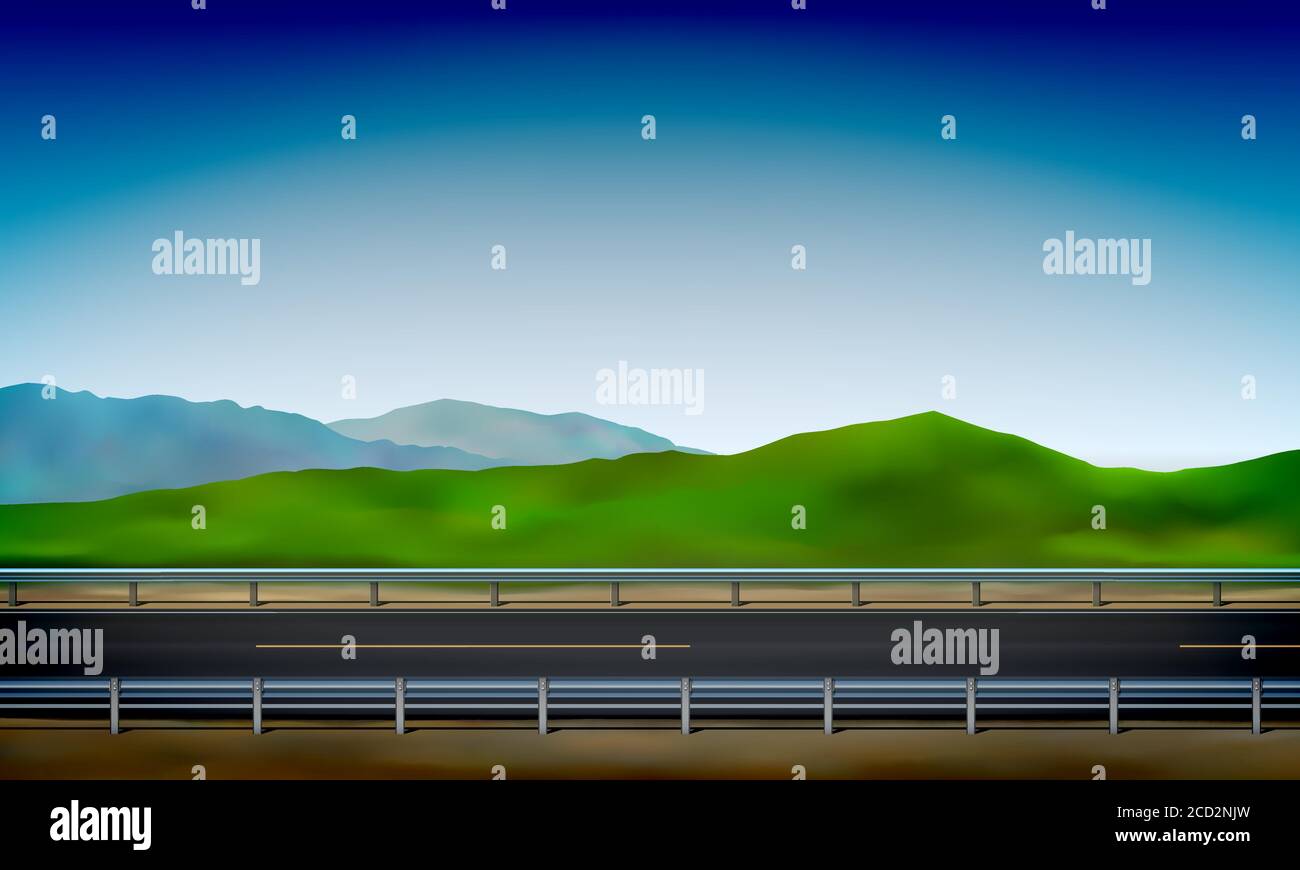 Side view of a road with a crash barrier, roadside, green meadow in the ...