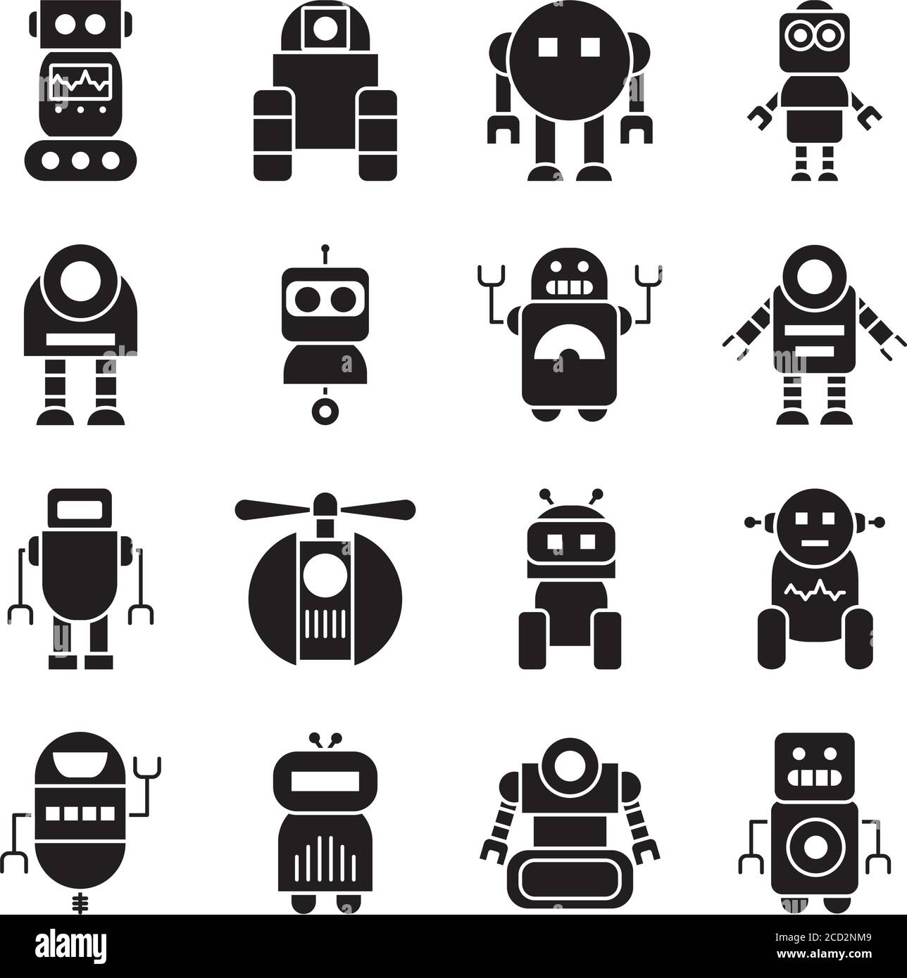 icon set of robotics and robots over white background, silhouette style, vector illustration ...