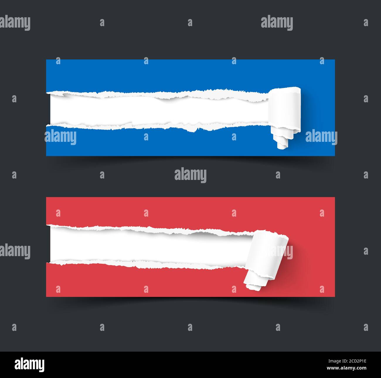 Set of two vector torn paper banners with paper rolls isolated on dark ...