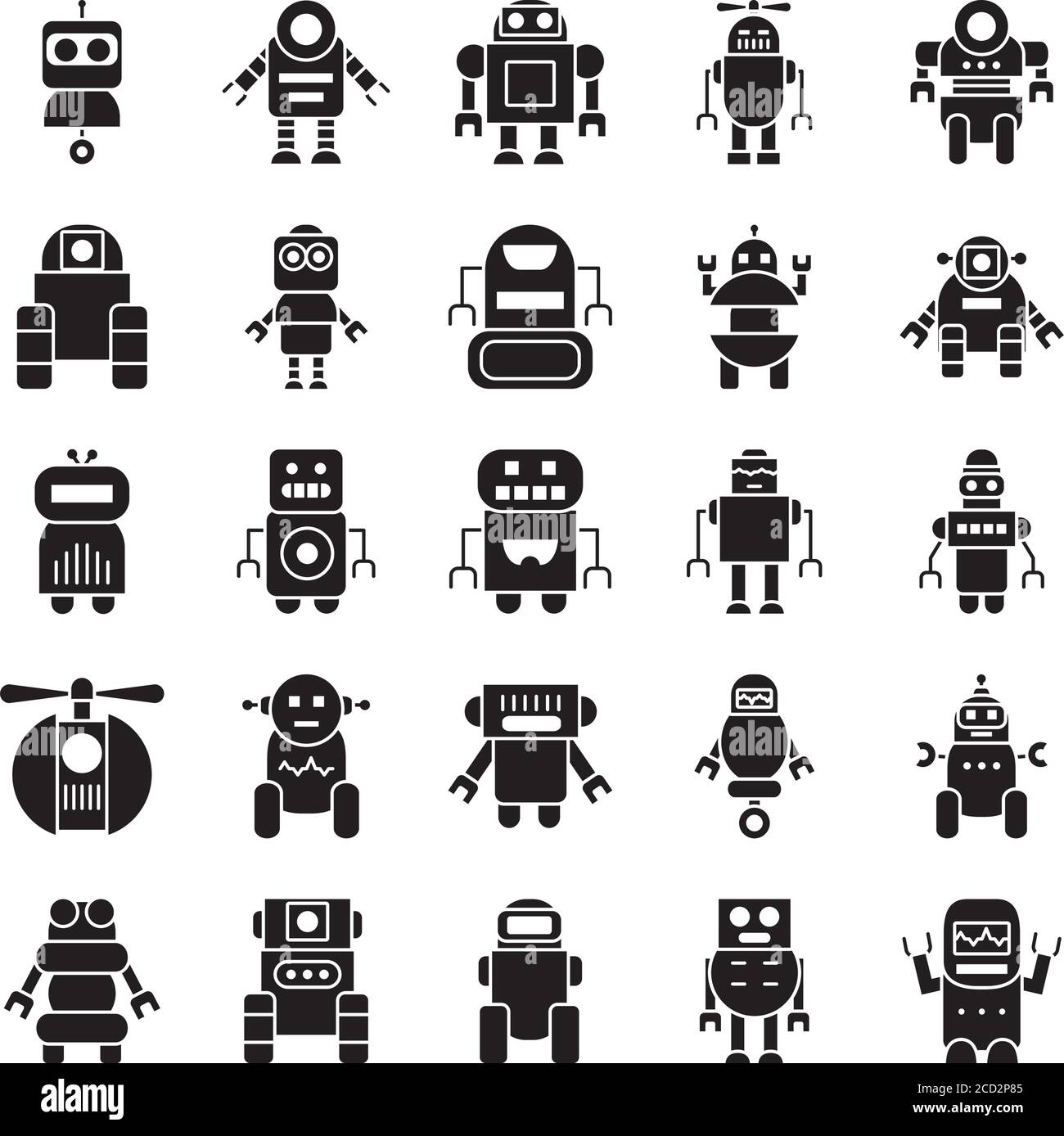 cartoon robots and robotics icon set over white background, silhouette style, vector ...