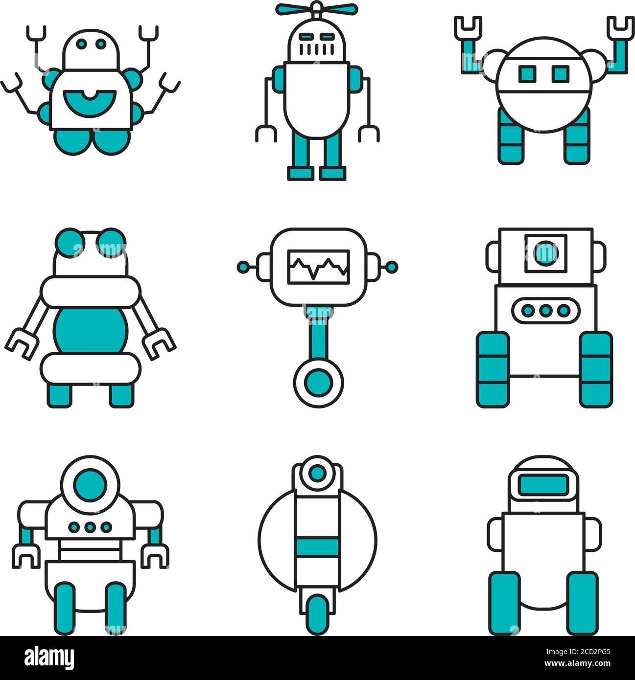 cartoon robots and robotics icon set over white background, half line ...