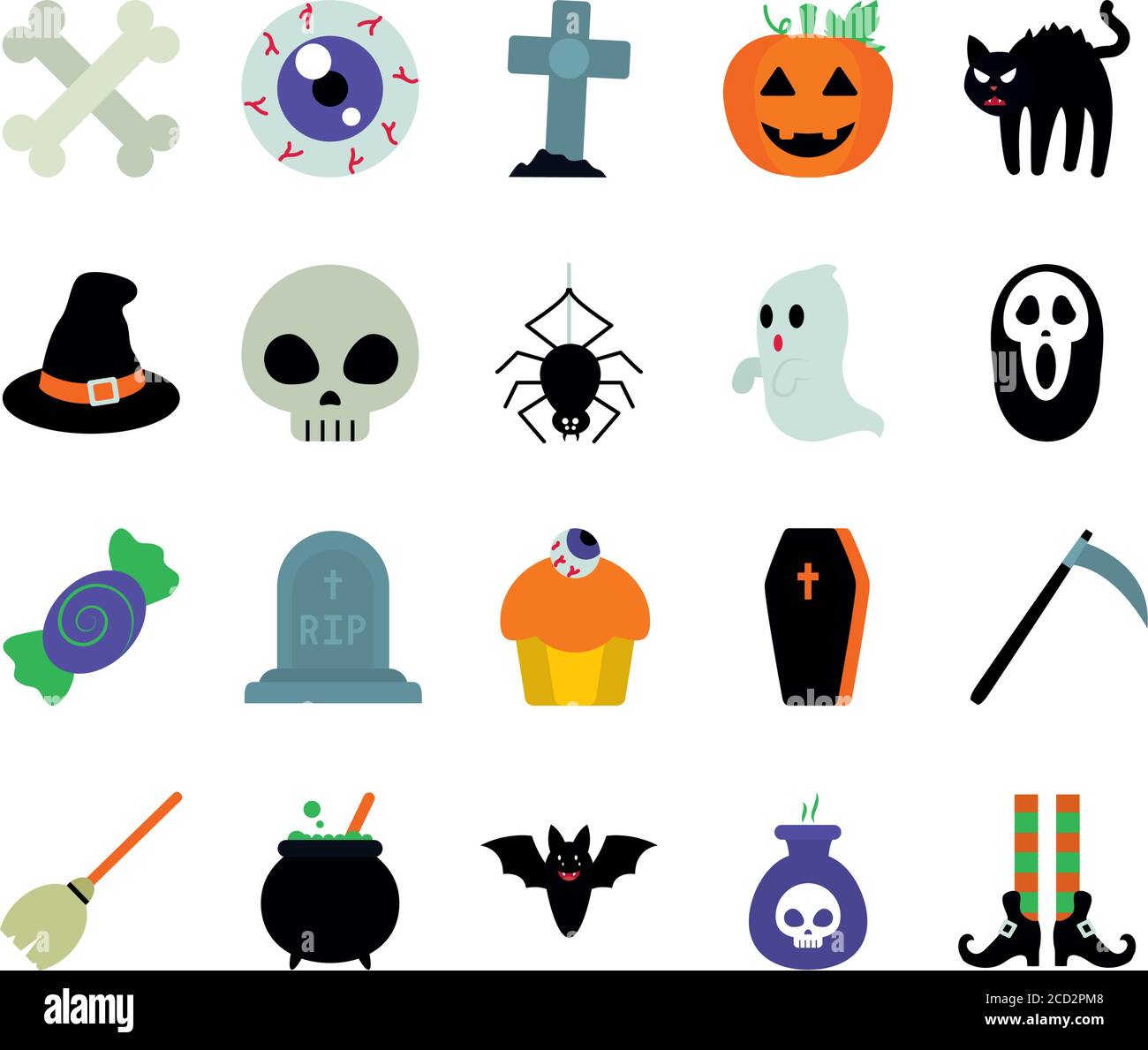 zombie eye and halloween icon set over white background, flat style ...
