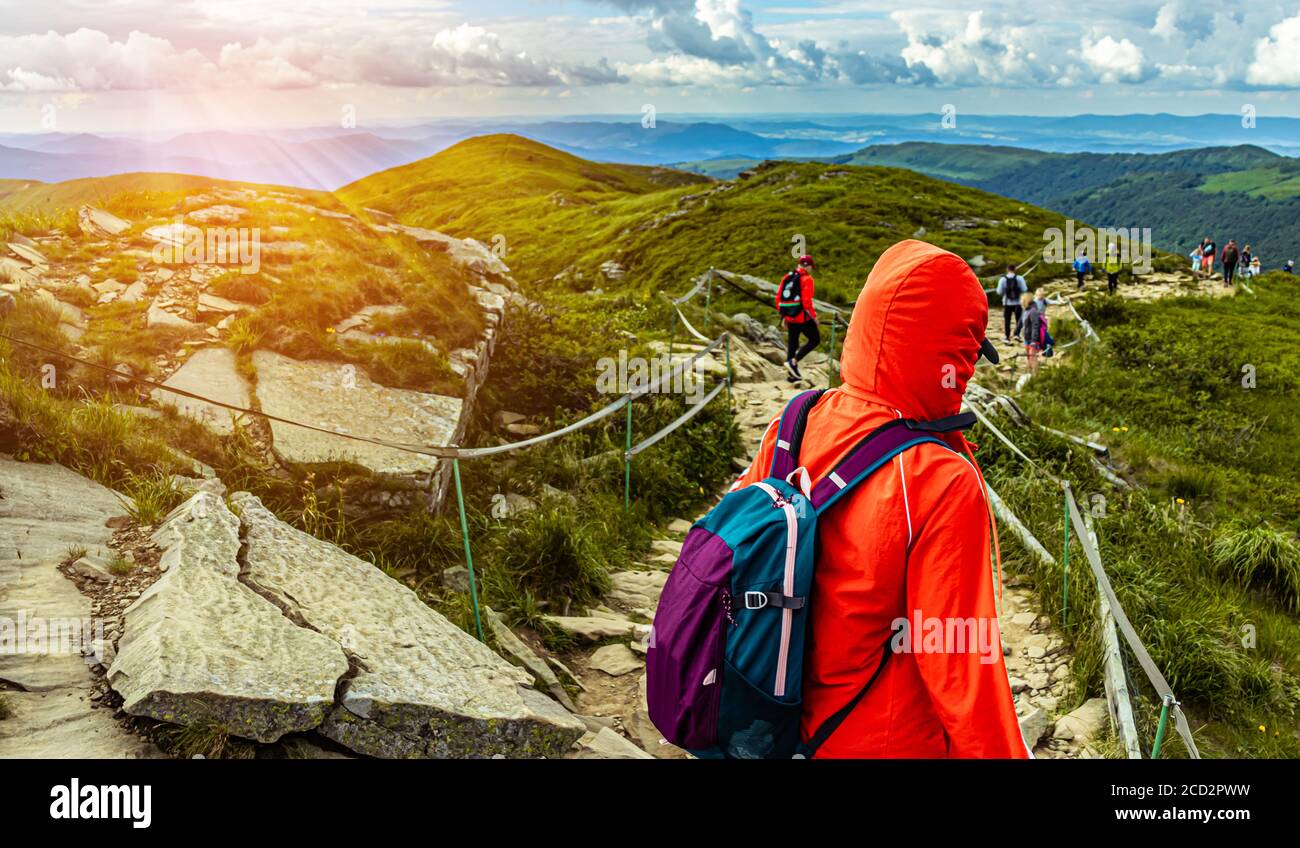 Hiking in the mountains at sunset Stock Photo - Alamy