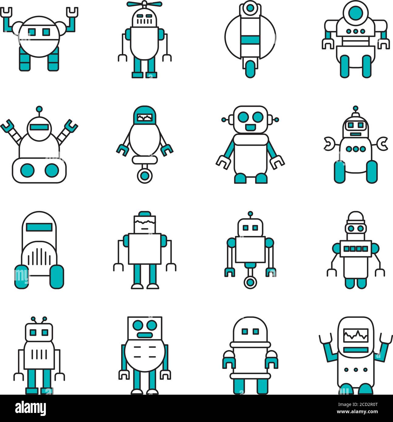 robots with wheels and robotics icon set over white background, half ...