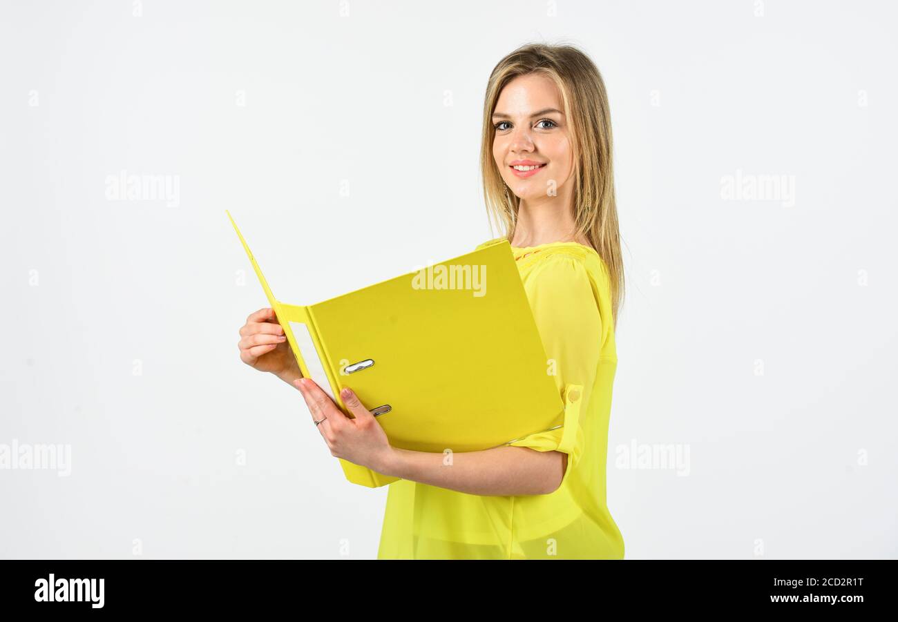 Woman hold folder documents administrative worker, summer at office ...