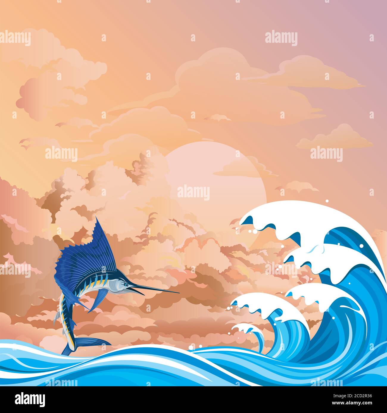 Blue marlin fish leaping out of the water over high ocean waves set ...