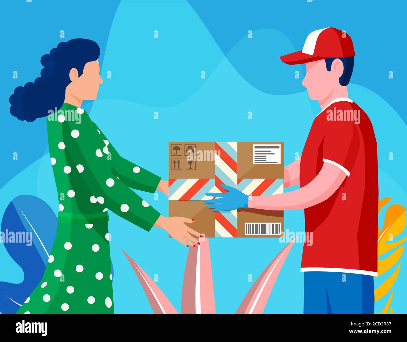 Woman receive cardboard box from man. Courier character holds parcel in ...