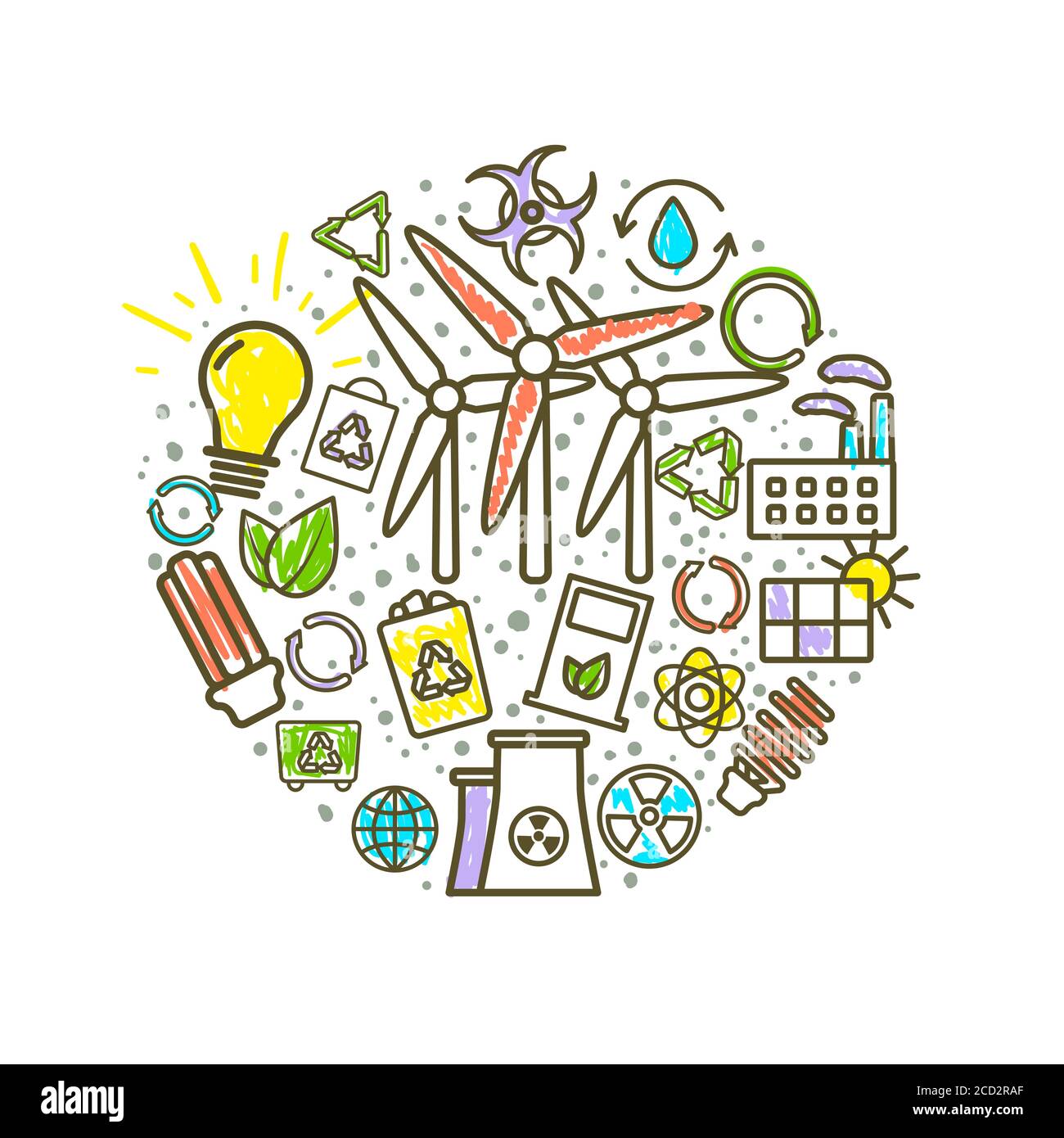 Round element made from eco icons and signs with marker strokes ...