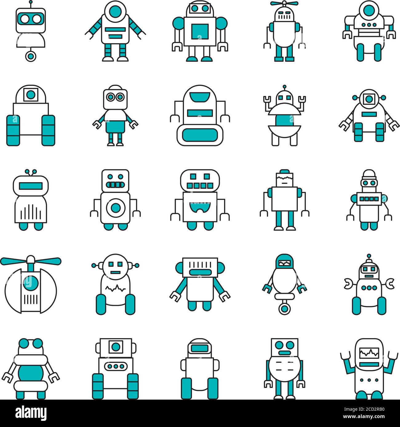 cartoon robots and robotics icon set over white background, half line ...
