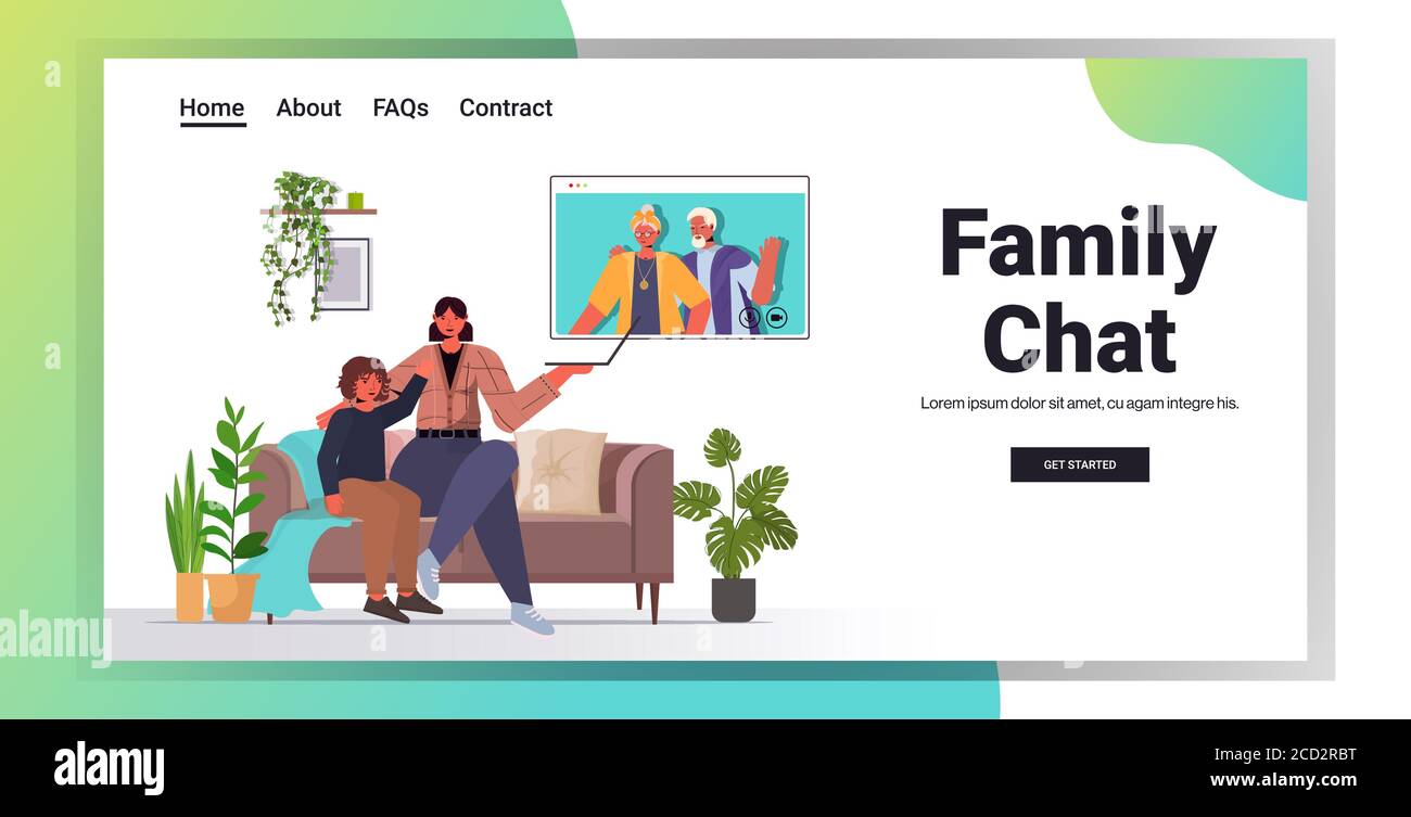 mother and son having virtual meeting with grandparents in web browser ...