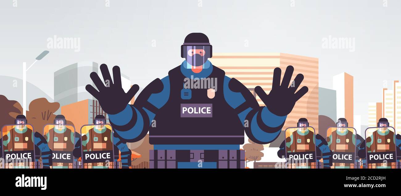 policeman in full tactical gear riot police officer showing stop ...