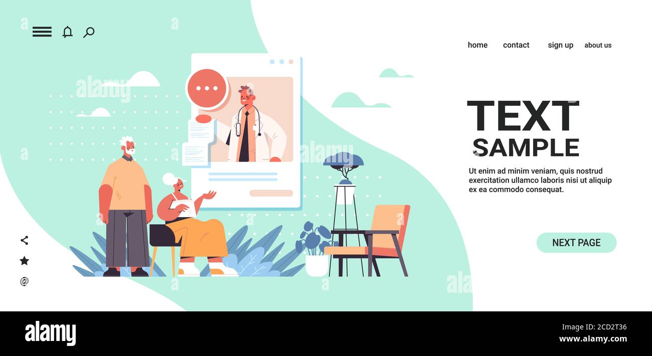 doctor in web browser window consulting senior patients online ...