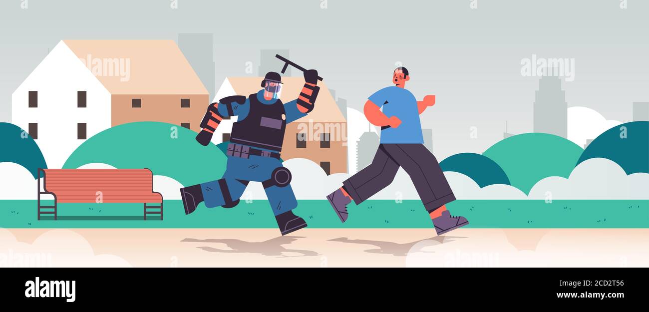 policeman in full tactical gear riot police officer attacking street ...