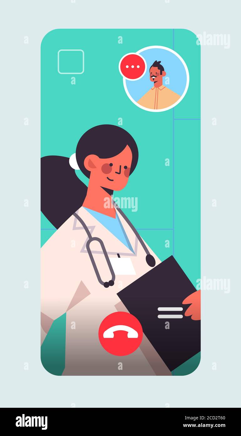 female doctor consulting male patient during video call online ...