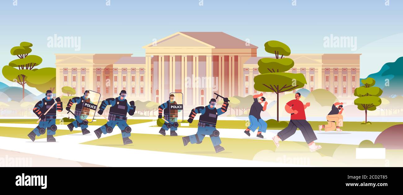 policemen in full tactical gear riot police officers attacking street ...