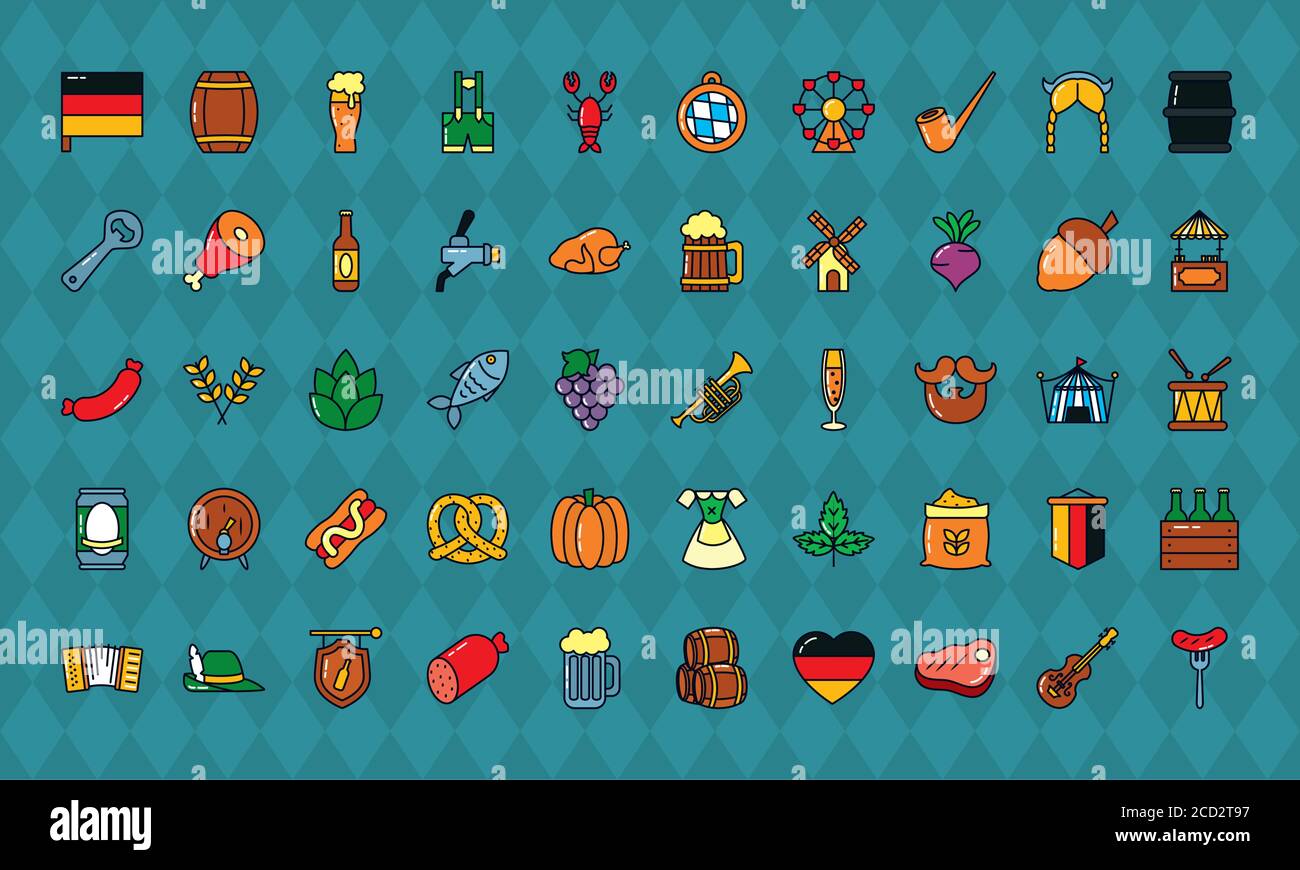 oktoberfest icon set over blue background, flat style, vector ...