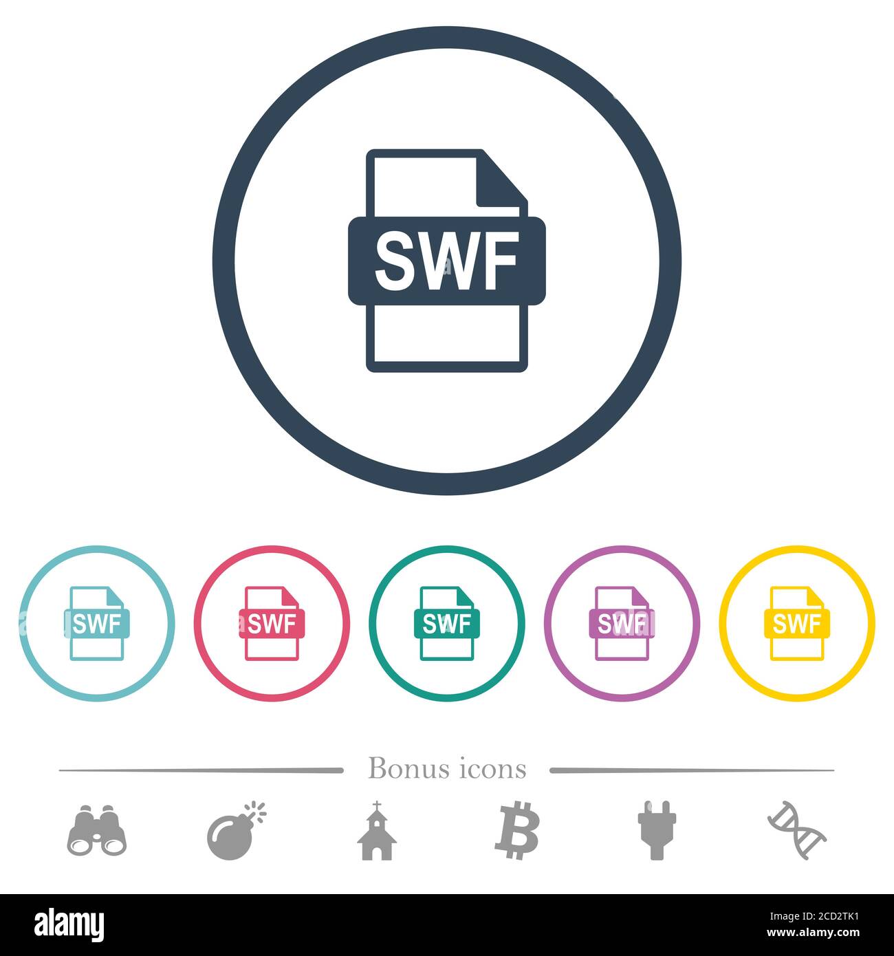 SWF movie format flat color icons in round outlines. 6 bonus icons ...