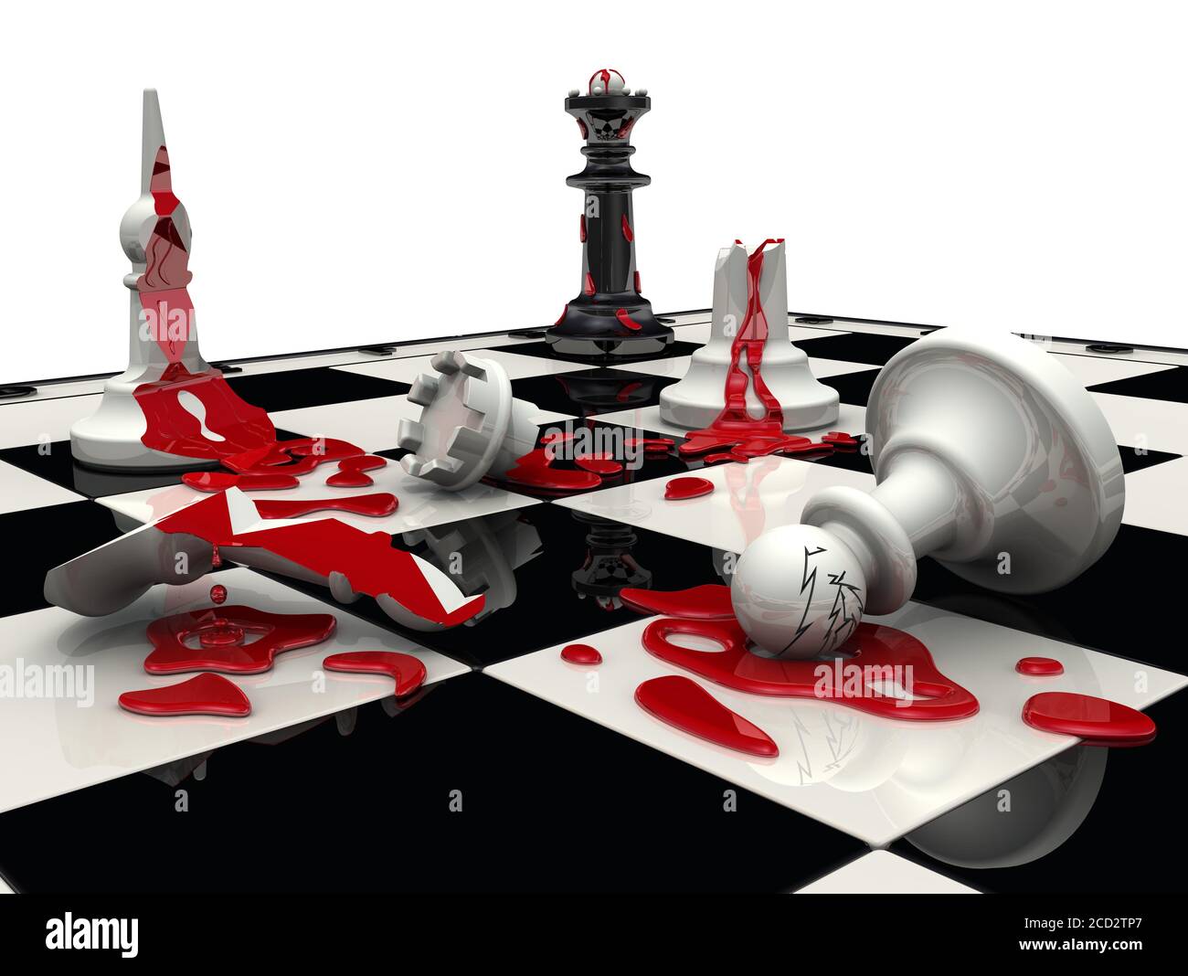 Chess battle. The black pieces won. Bloodly chess board with white ...
