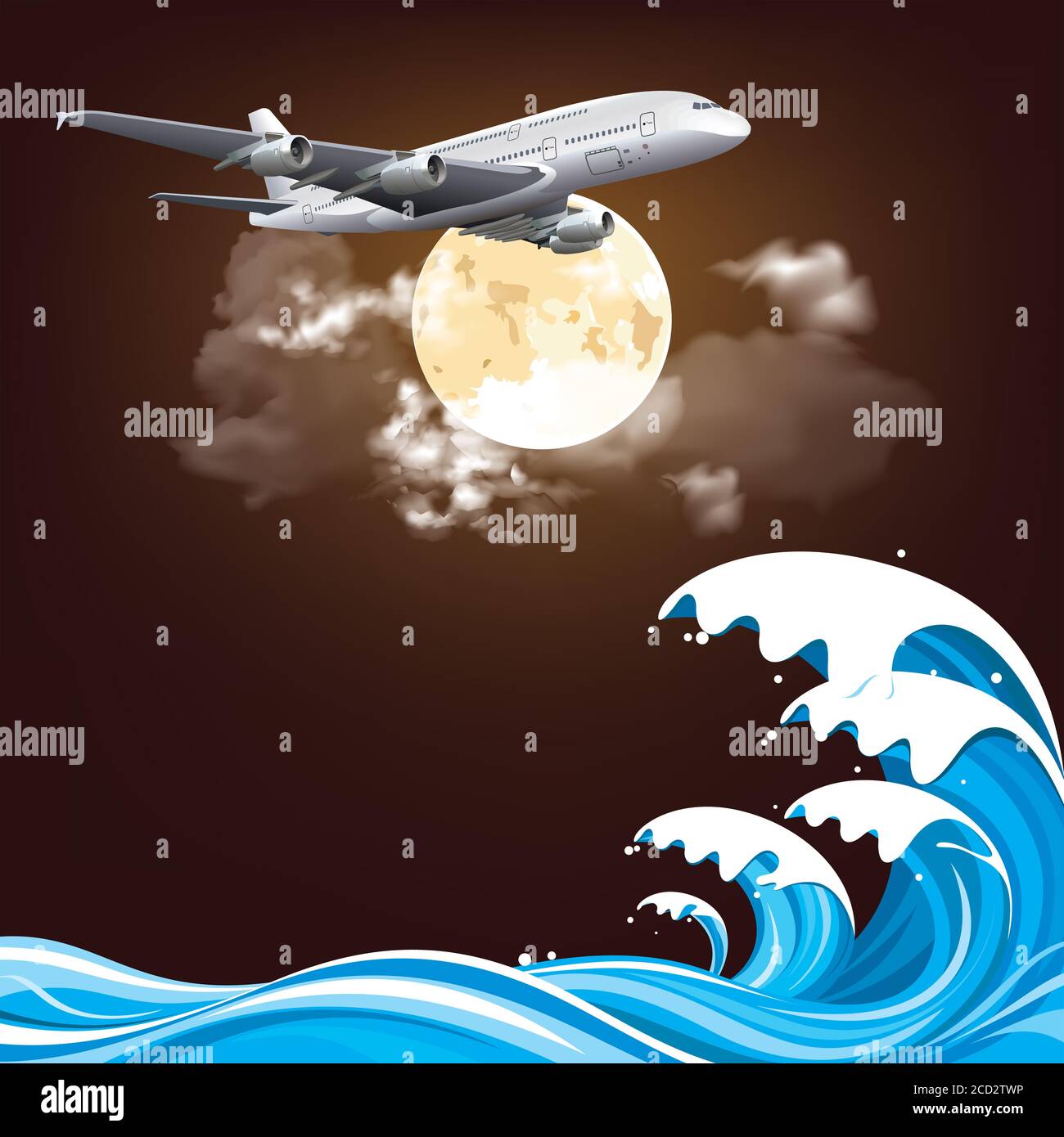 Passenger plane flying over ocean waves set against a dramatic full ...