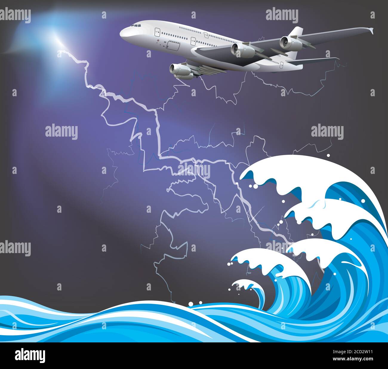 Passenger plane flying over ocean waves set against a dramatic ...