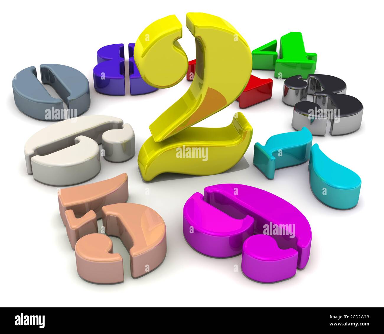 Number Two in the middle of numbers. 3d colorful numbers lying on white ...