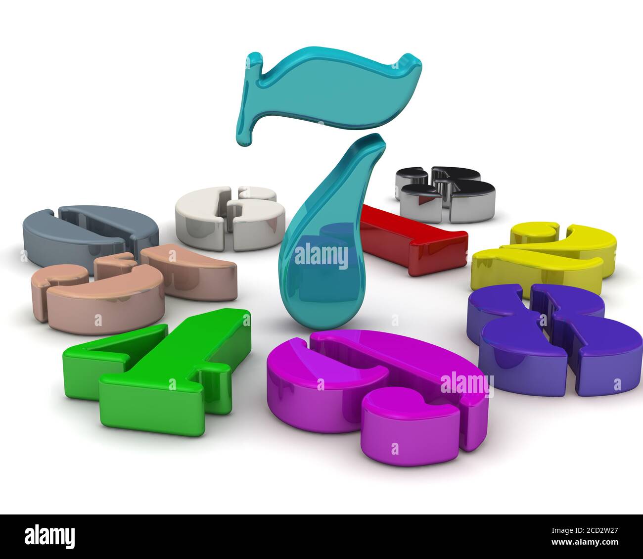 Number Seven in the middle of numbers. 3d colorful numbers lying on ...