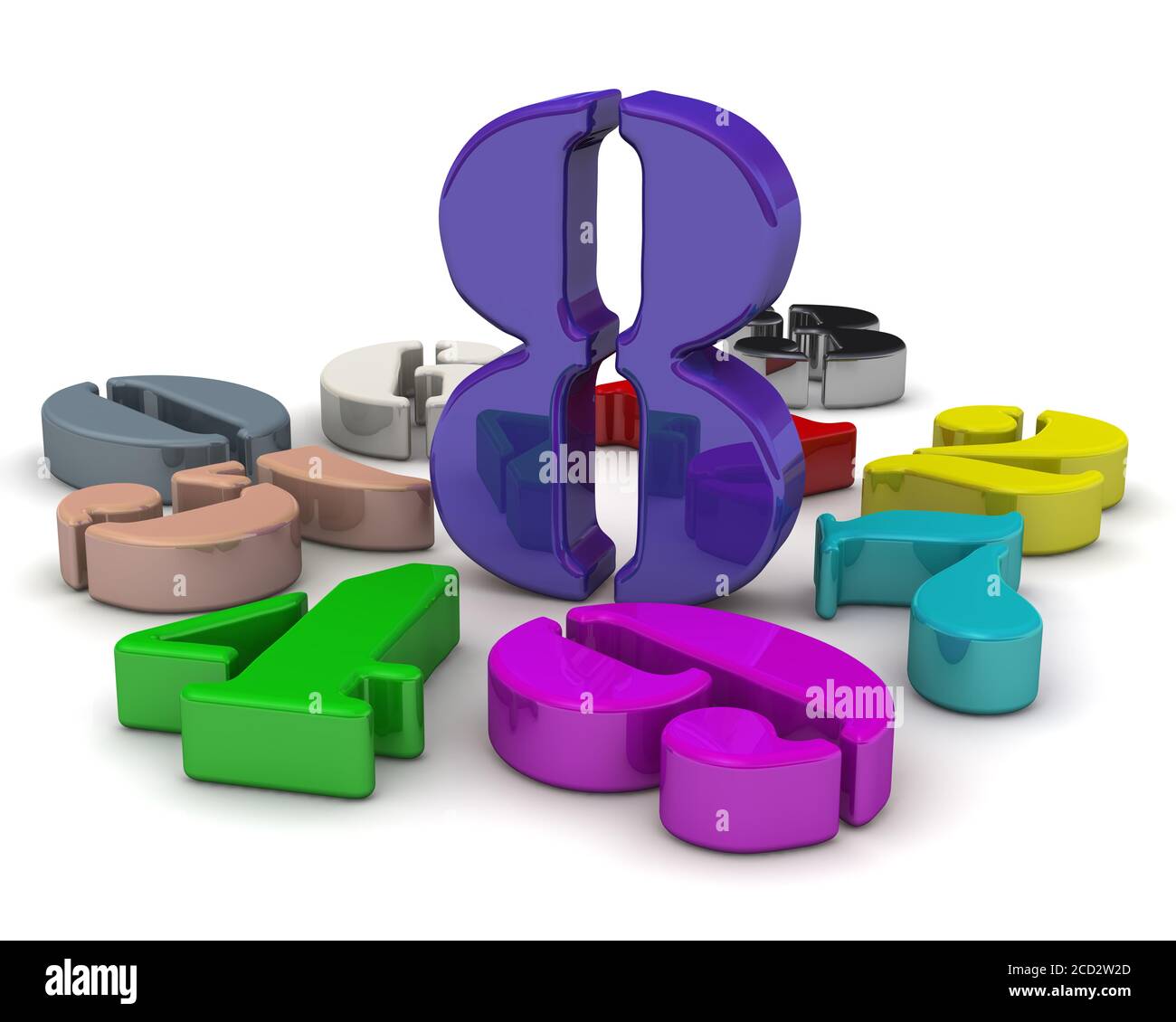 Number Eight in the middle of numbers. 3d colorful numbers lying on ...