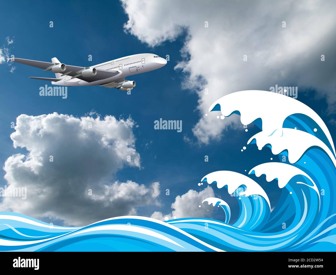 Passenger plane flying over ocean waves set against a blue cloudy sky ...